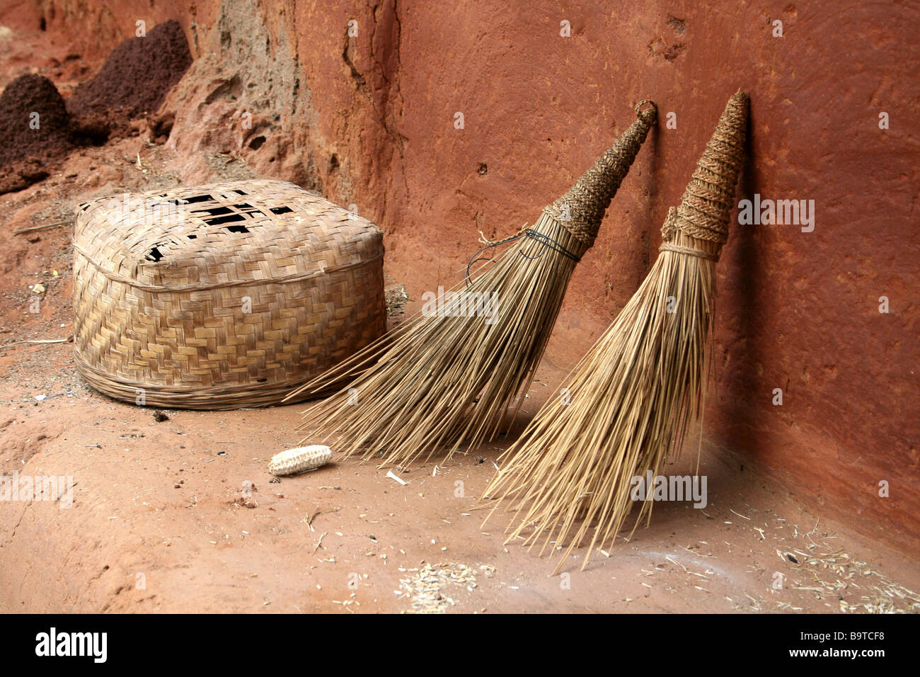 Straw Sweeping Brushes and Woven Basket Outside Indian Village Hut ...