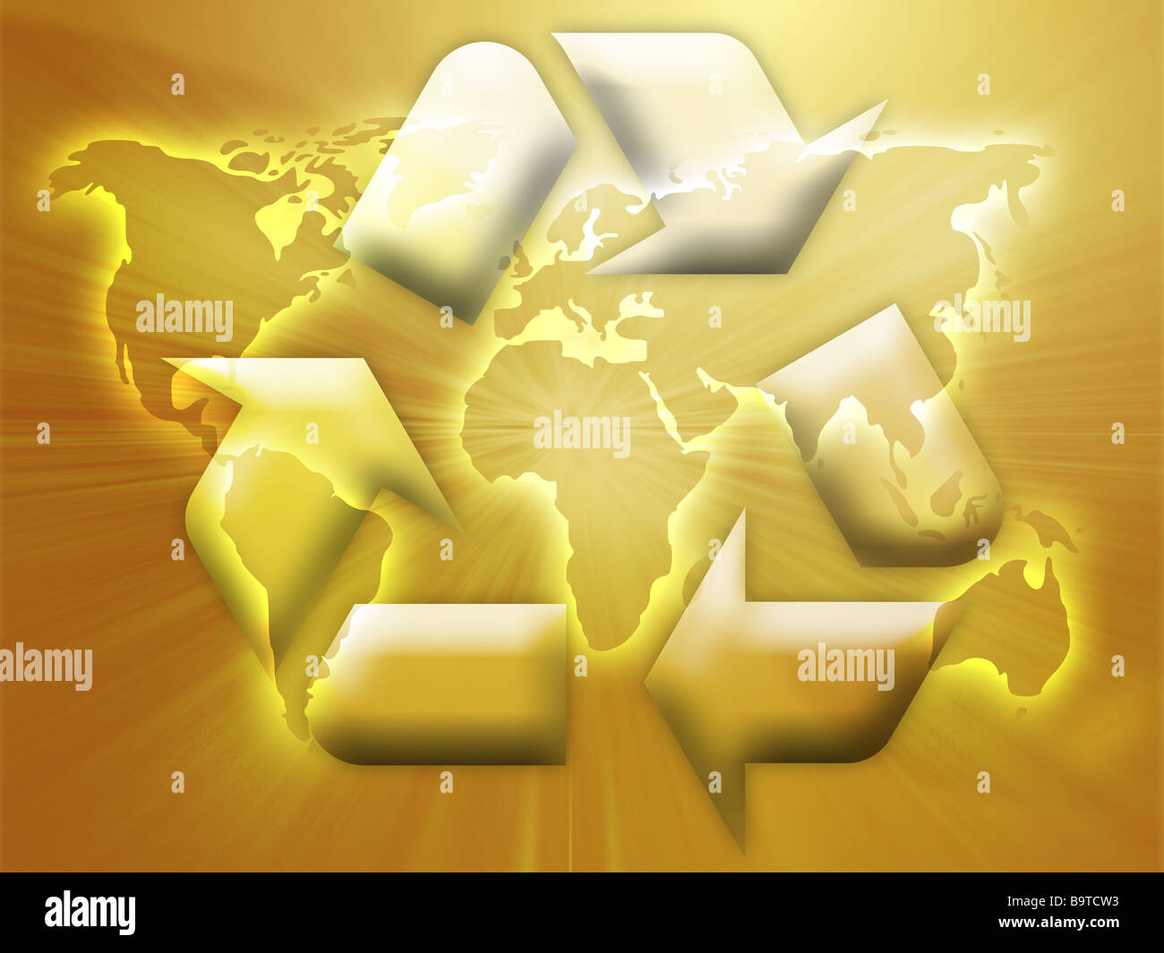 Recycling eco symbol illustration over world map Stock Photo - Alamy