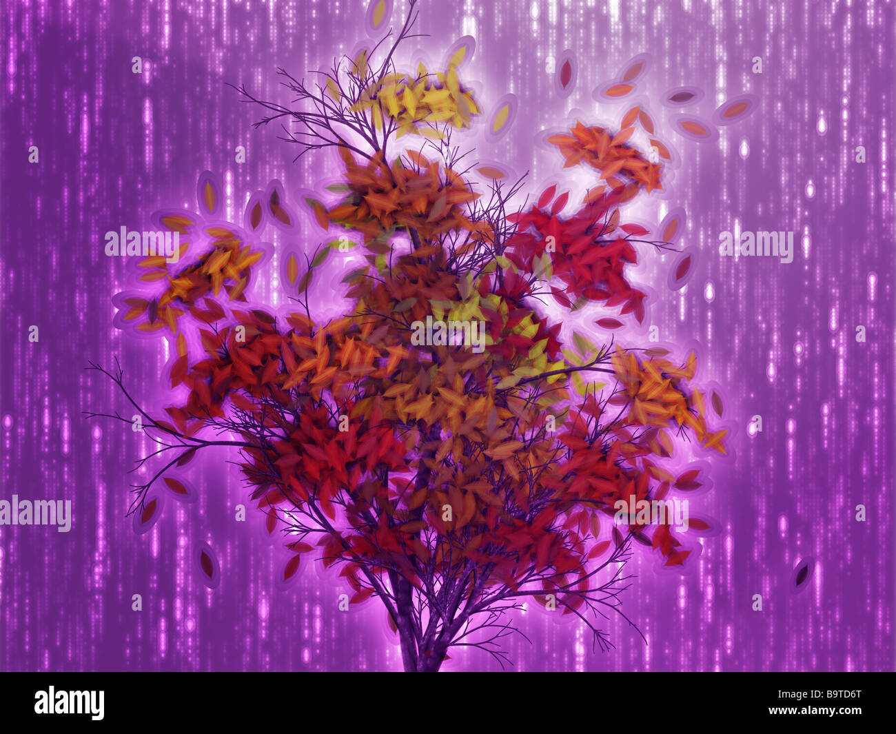 Autumn tree with falling leaves abstract rendered illustration Stock ...