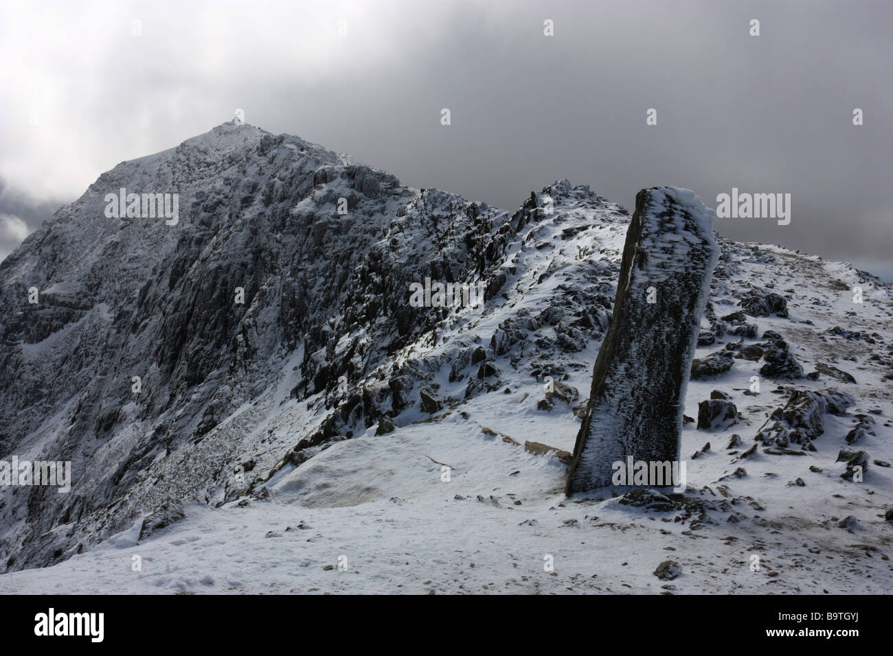 Yr Wyddfa, the summit of Snowdon and the highest peak in Wales, viewed ...