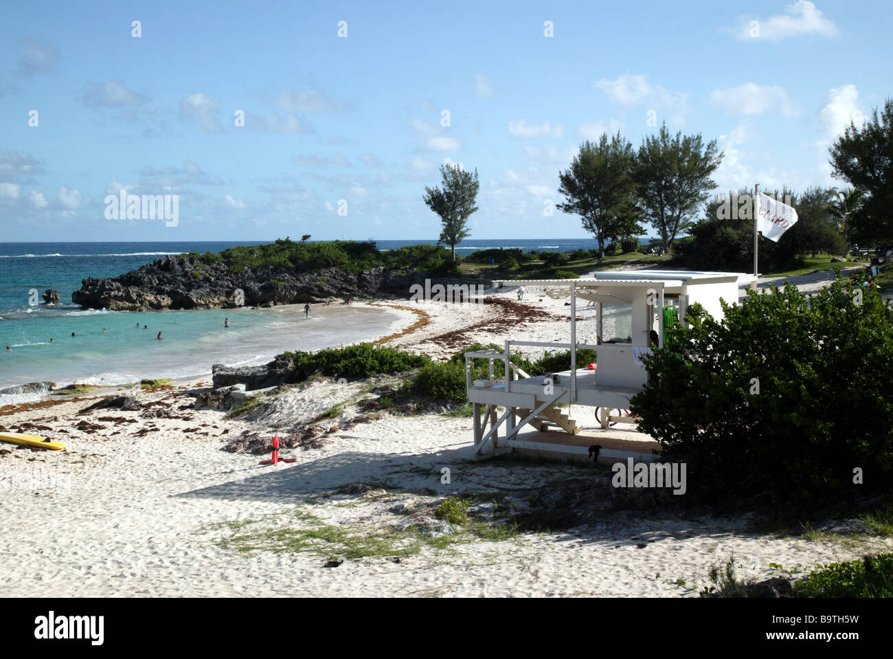Shot of John Smith's Bay showing the lifeguard station on the south ...
