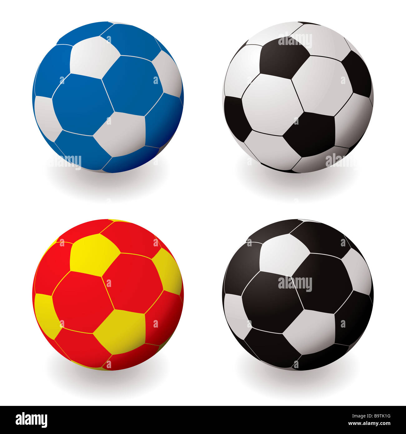 Collection of colorful illustrated footballs with shadow in red and ...