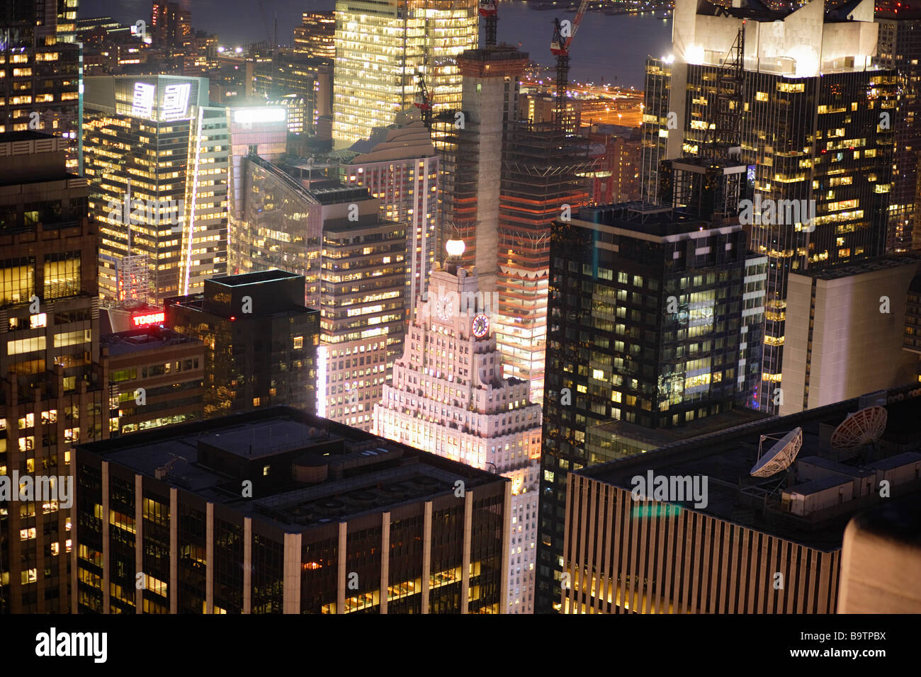 Paramount Building between skyscrapes at night Manhattan New York City ...