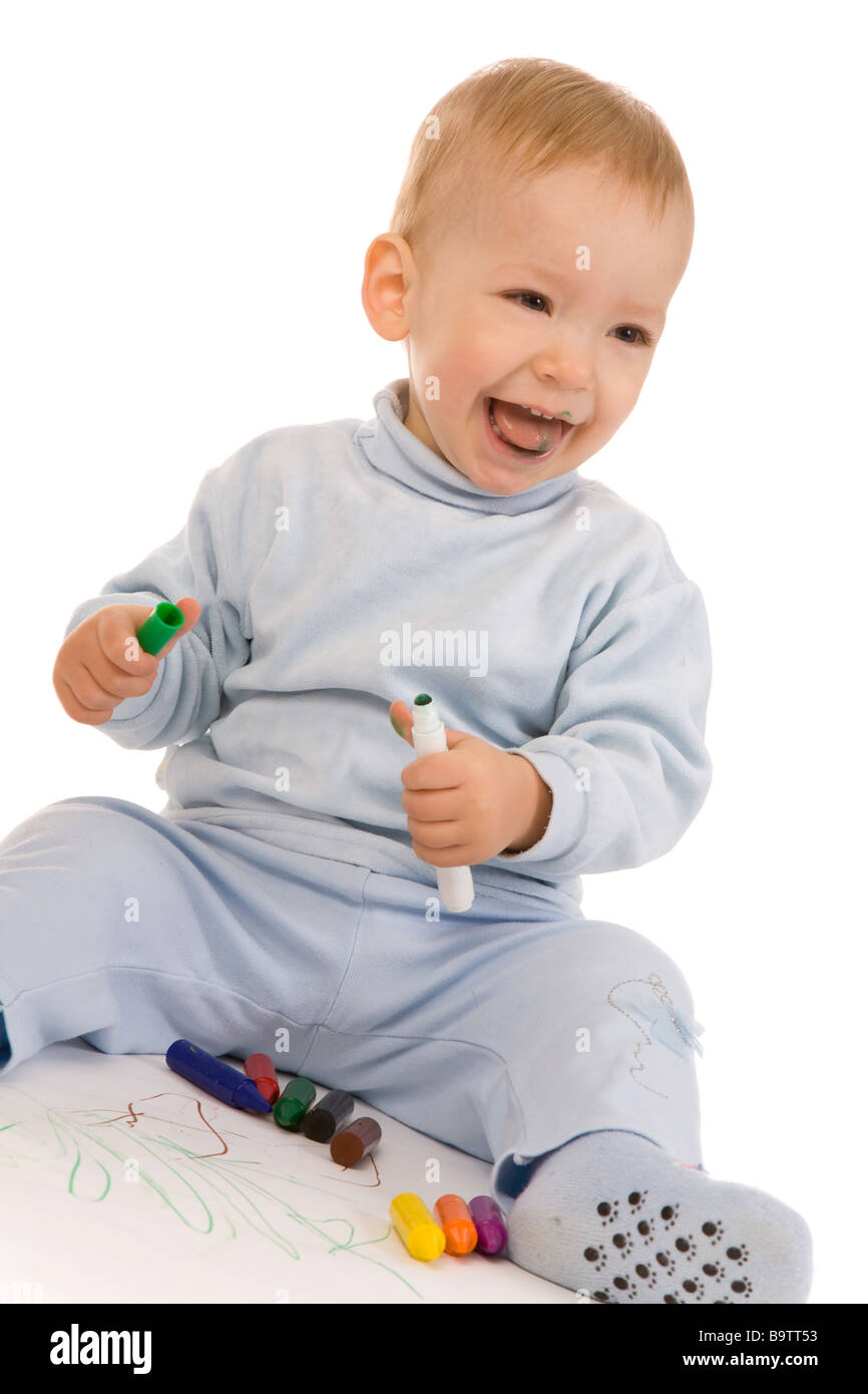 emotional boy with color crayon on white background Stock Photo - Alamy