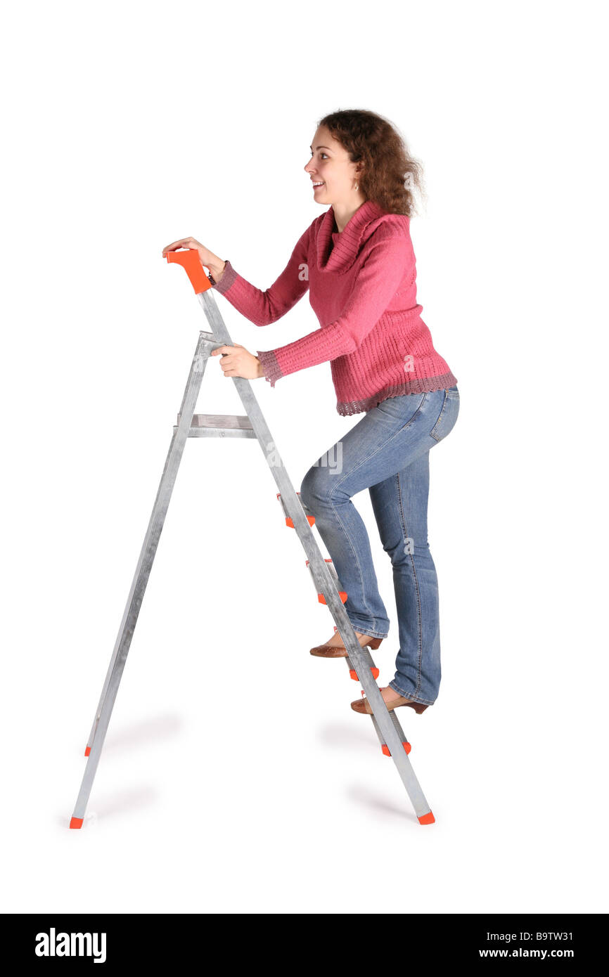young woman on stepladder on white Stock Photo - Alamy