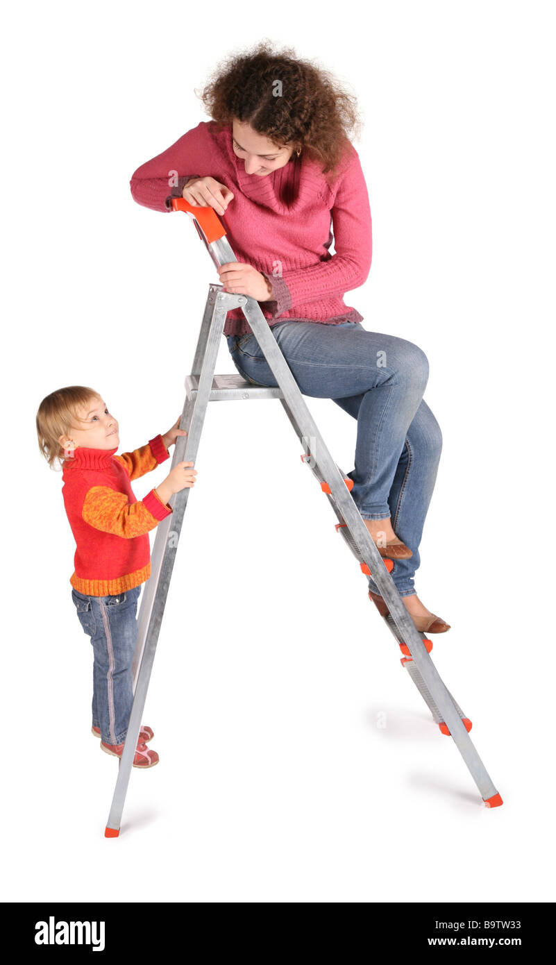 mother and daughter on stepladder on white Stock Photo - Alamy