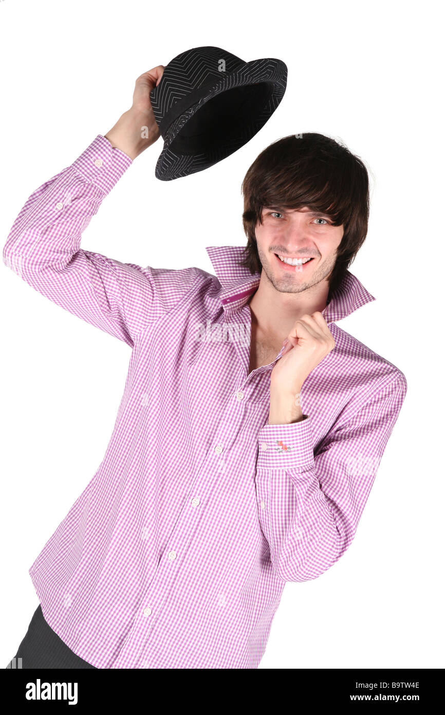 young man with black hat in hand on white Stock Photo - Alamy