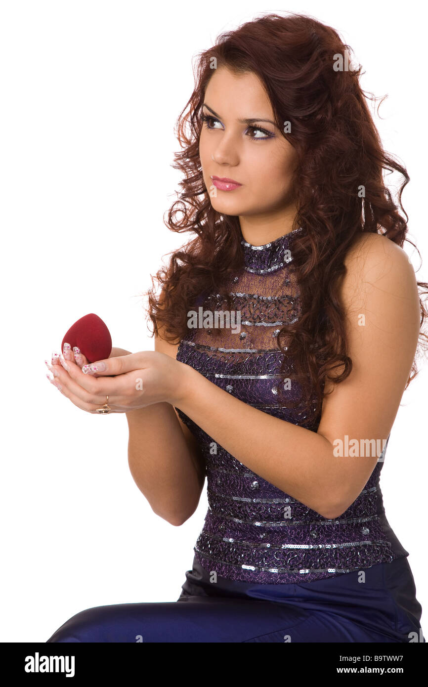 lovely woman with present on white background Stock Photo - Alamy