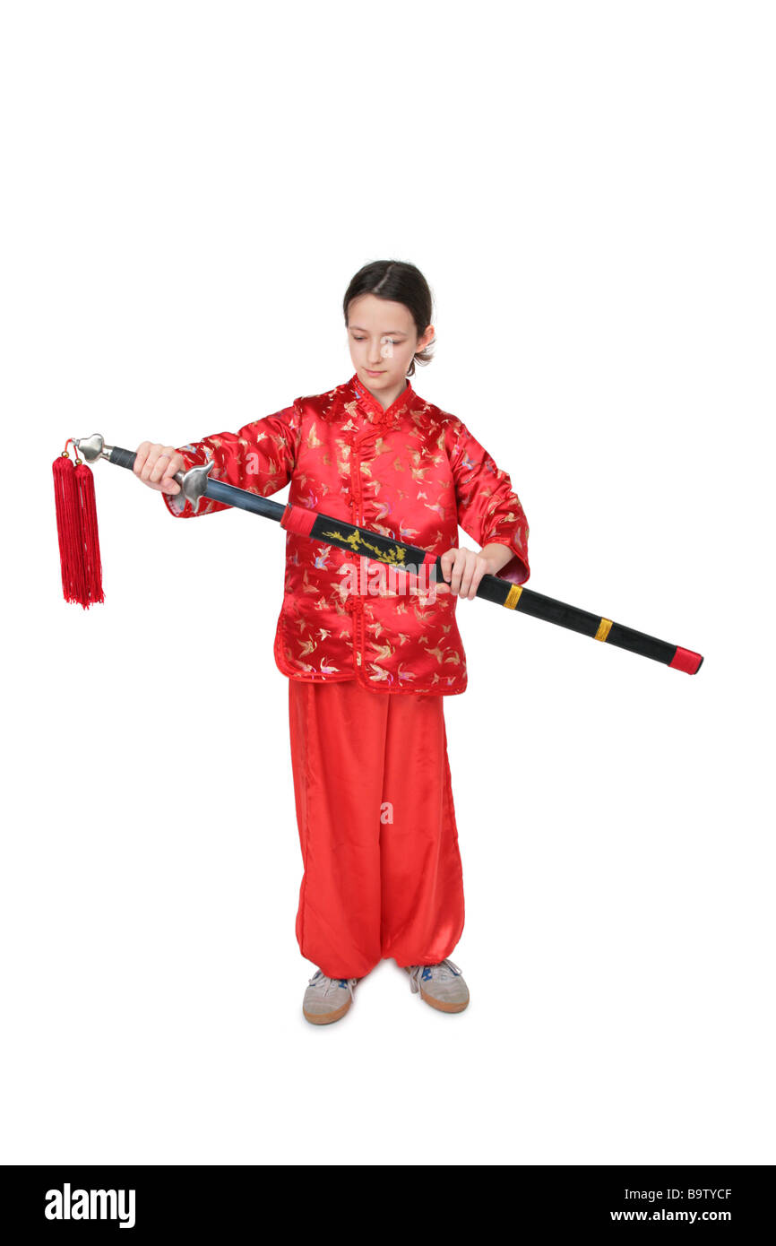 girl in red with sword Stock Photo - Alamy