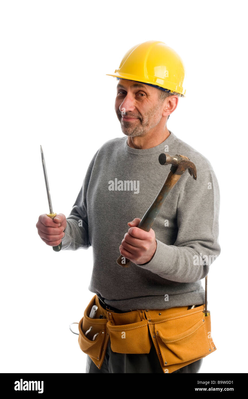 builder contractor home handy man tools ready to work wearing hard hat ...