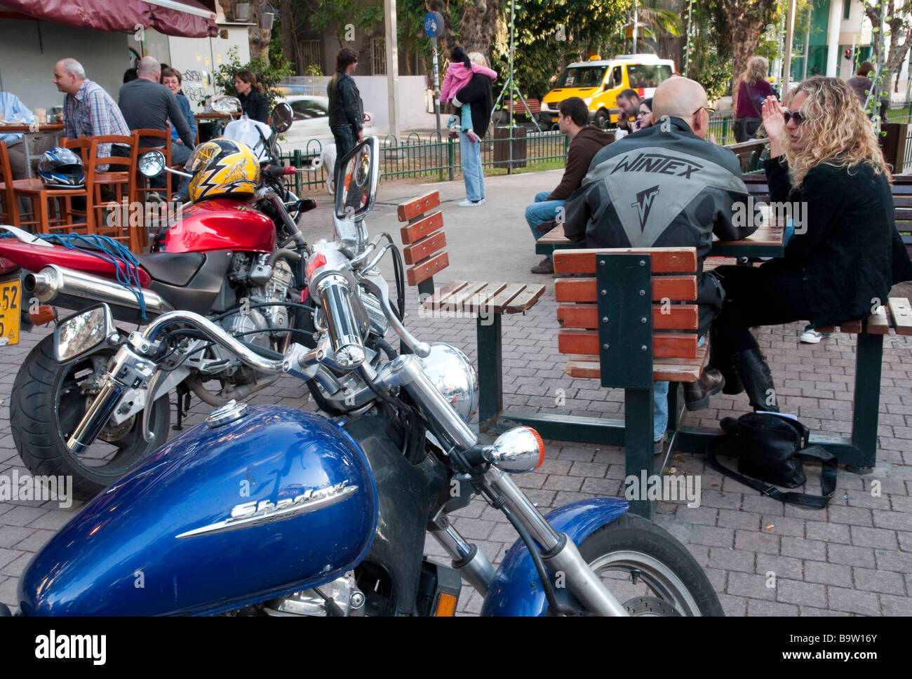 Israel Tel Aviv Rothschild avenue people and motorcycles at street ...