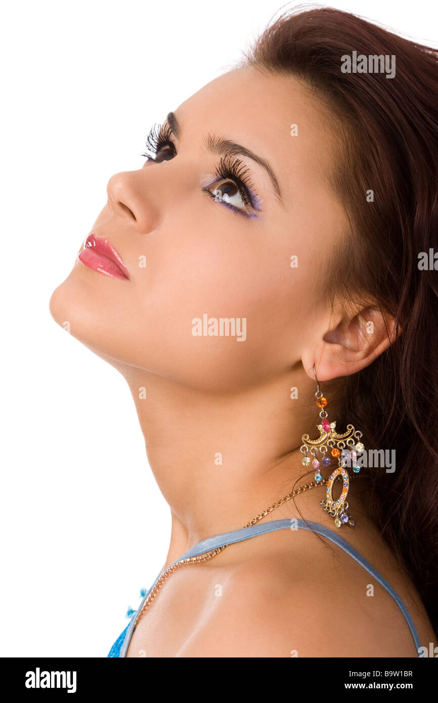 pretty woman with wide open eyes on white background Stock Photo - Alamy