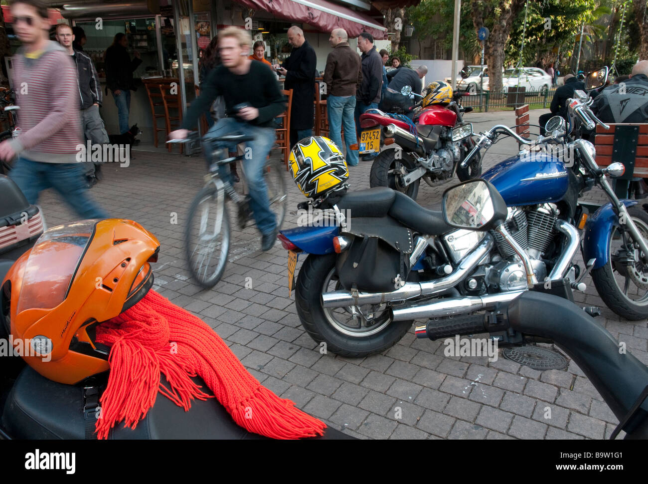 Israel Tel Aviv Rothschild avenue people and motorcycles at street ...