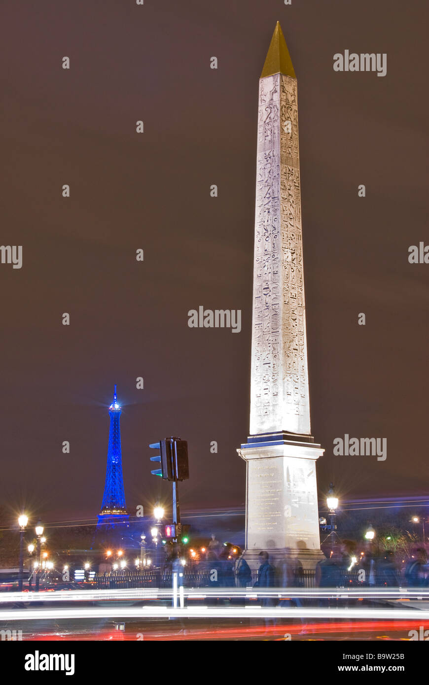 Louxor Obelisk and the Eiffel tower at night. View from the Concorde ...