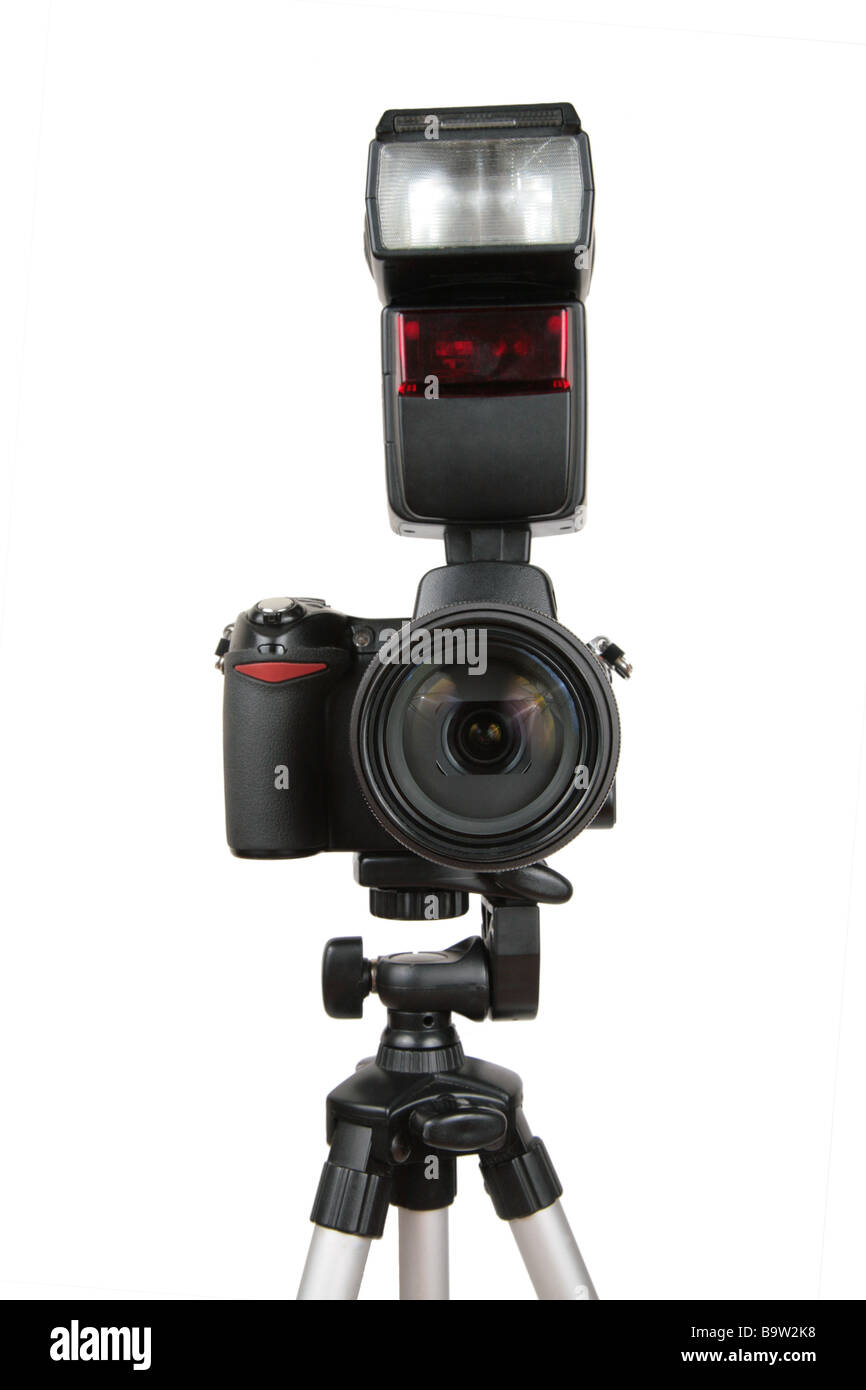 modern photo camera with flash on tripod Stock Photo - Alamy