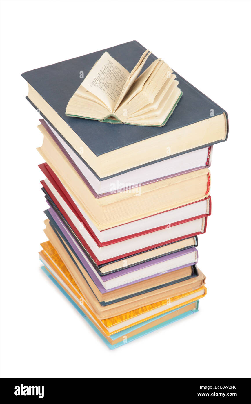 Big stack of books and opened small book Stock Photo - Alamy
