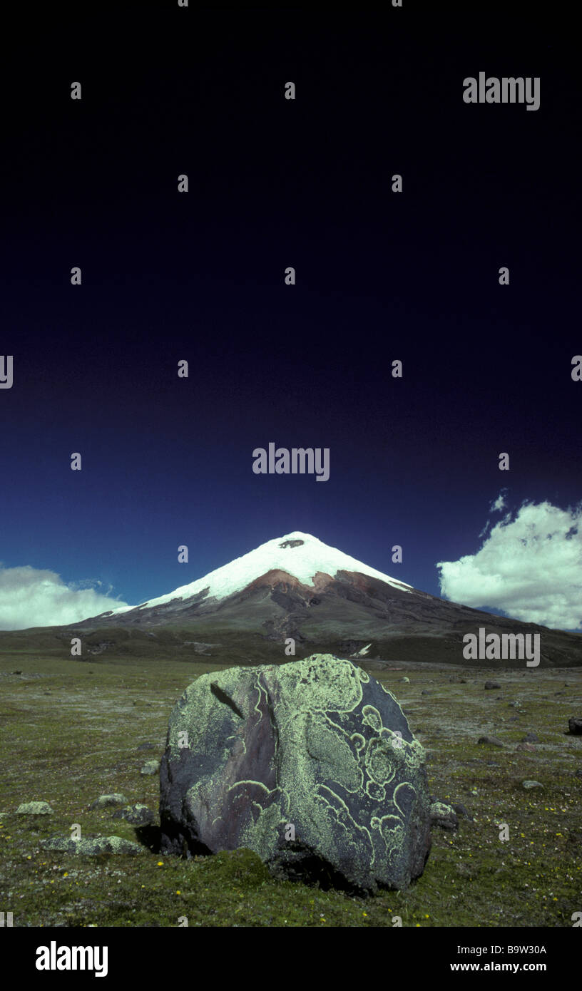 Cotopaxi Volcano and a boulder of ejected lava Andesite covered in ...