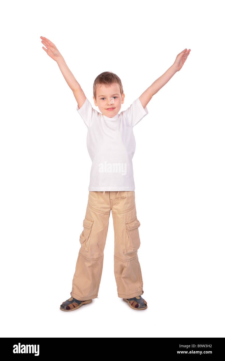 Boy in white shirt hand up Stock Photo - Alamy