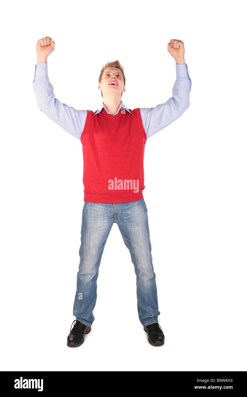 Boy in red jacket hand up Stock Photo - Alamy