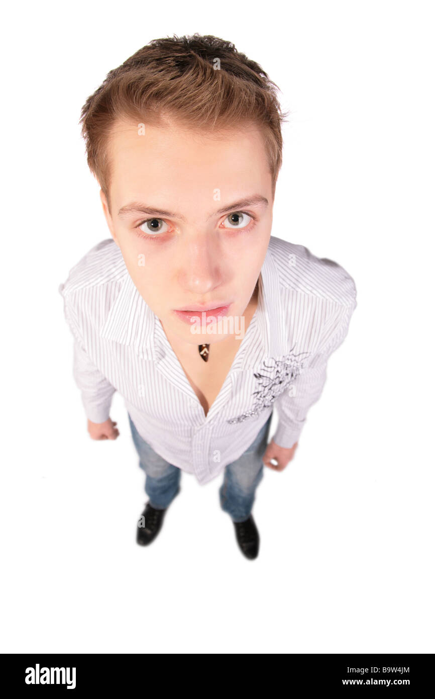 Boy in white shirt top perspective view Stock Photo - Alamy