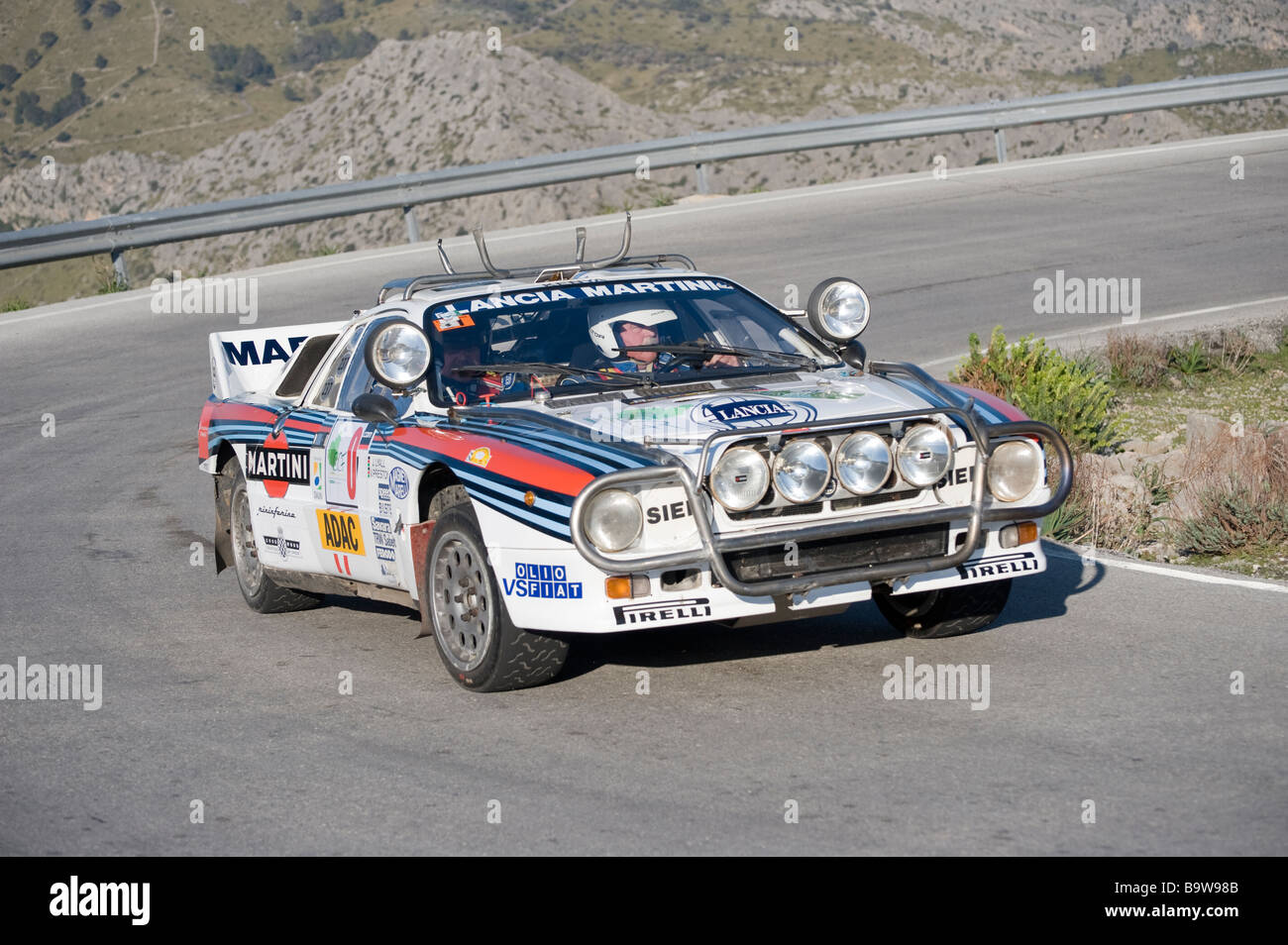 White 1983 Lancia 037 car racing in the classic car rally Mallorca ...