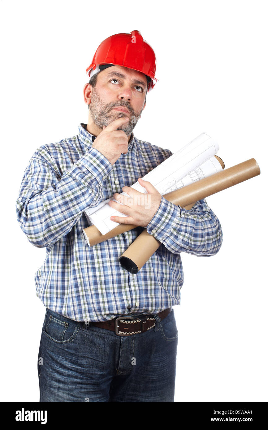 Construction worker thinking while holding blueprints isolated on a ...