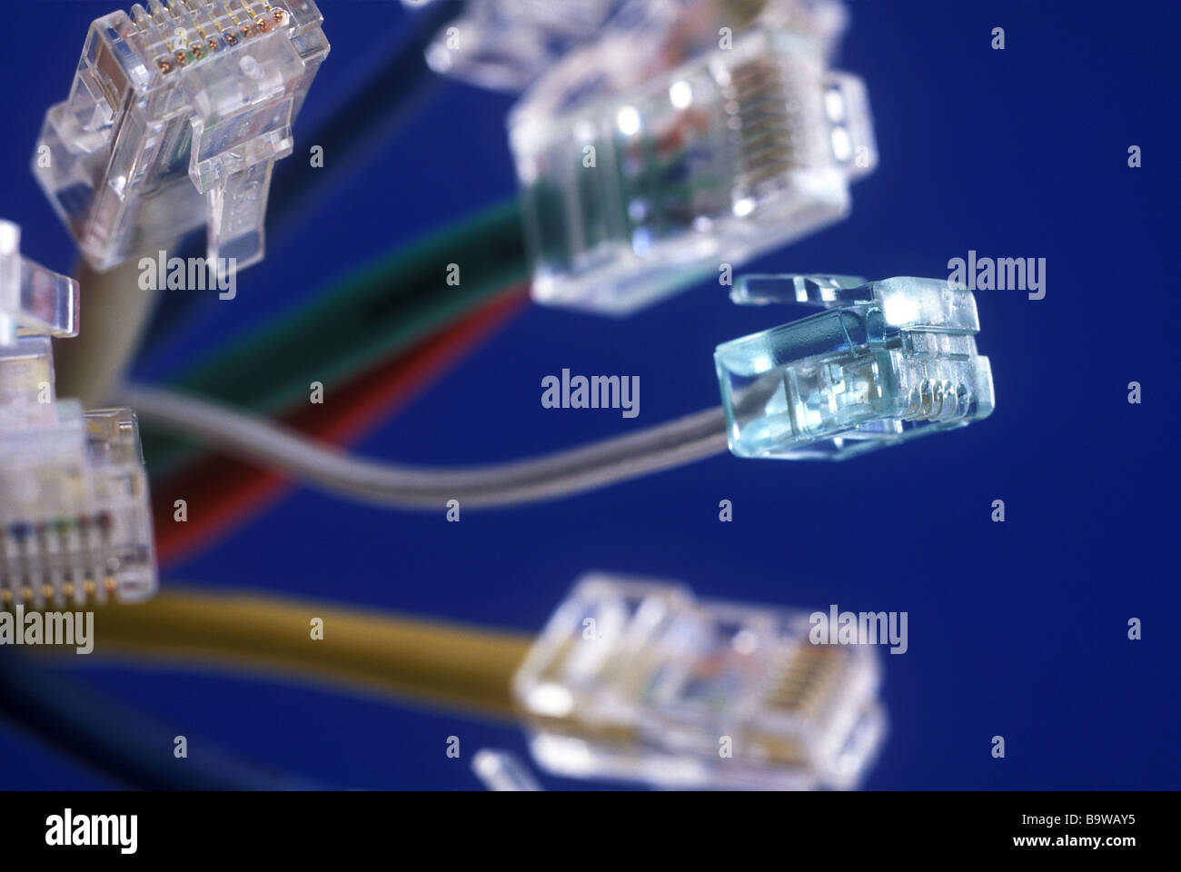 TELECOMMUNICATION COMPUTER CABLES ON PLAIN BLUE BACKGROUND Stock Photo ...