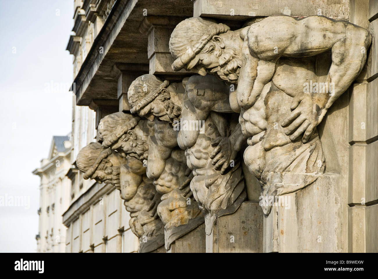 Decorated pillars of an historical building of Warsaw, Poland, Europe ...