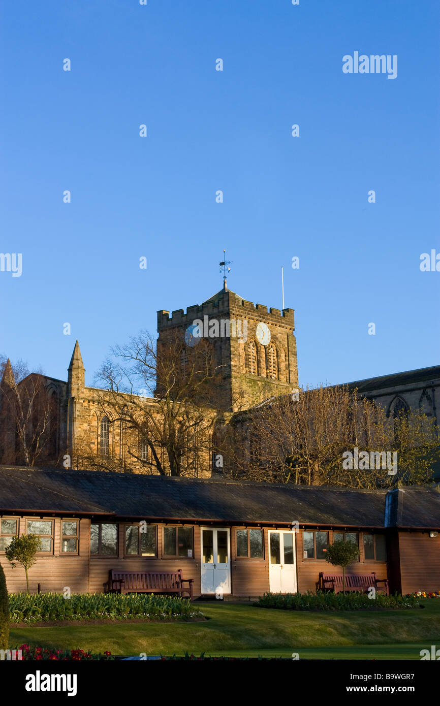 Hexham Abbey viewed from Hexham house late spring evening sunshine ...