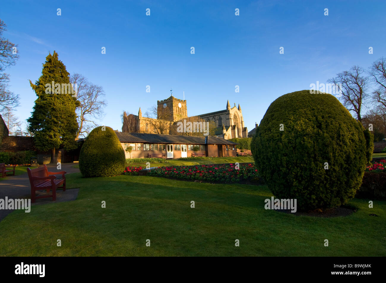 Hexham Abbey viewed from Hexham house late spring evening sunshine with ...