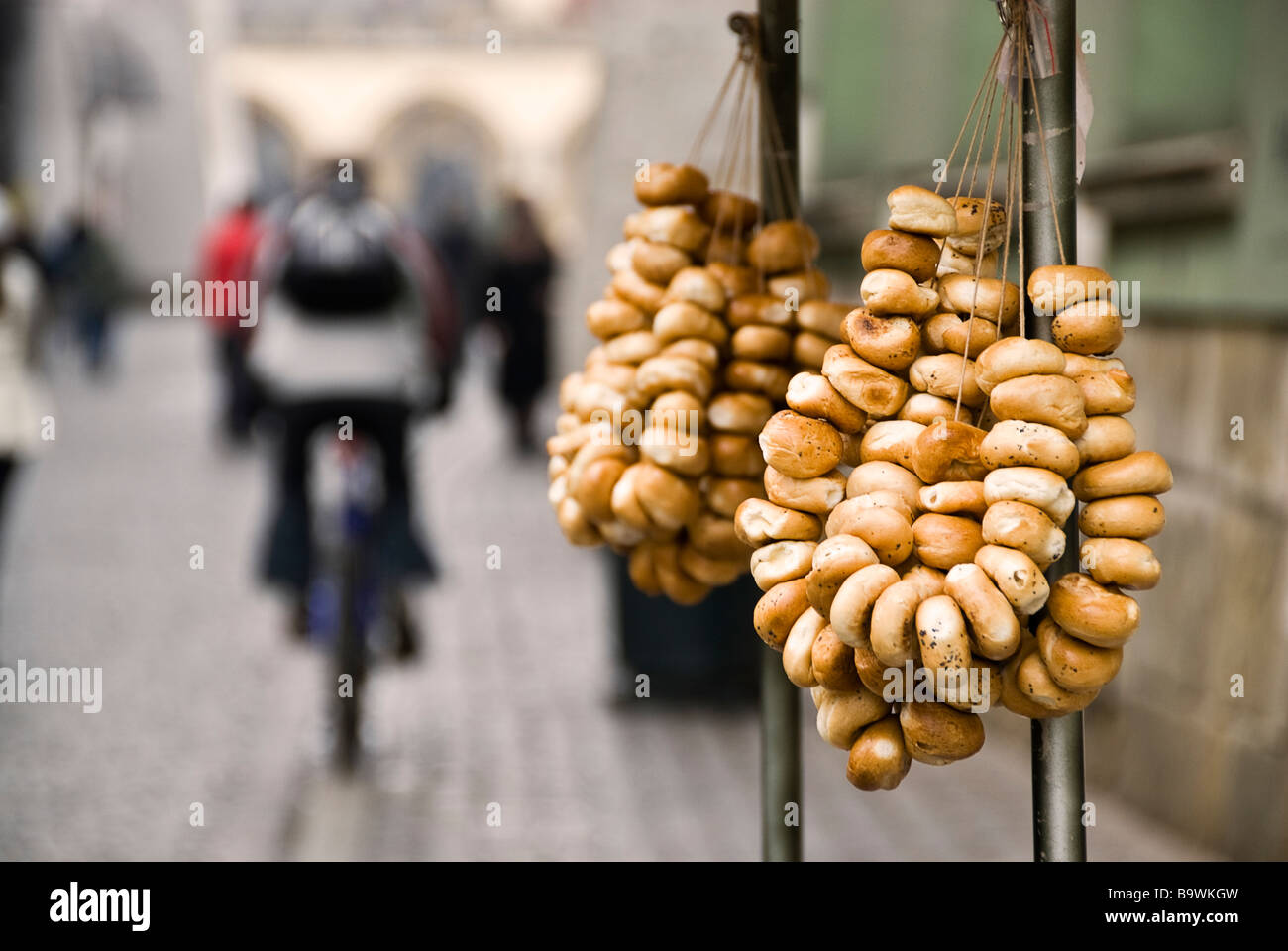 Typical sweets hanging on a food stall in the streets of Krakov, Poland ...
