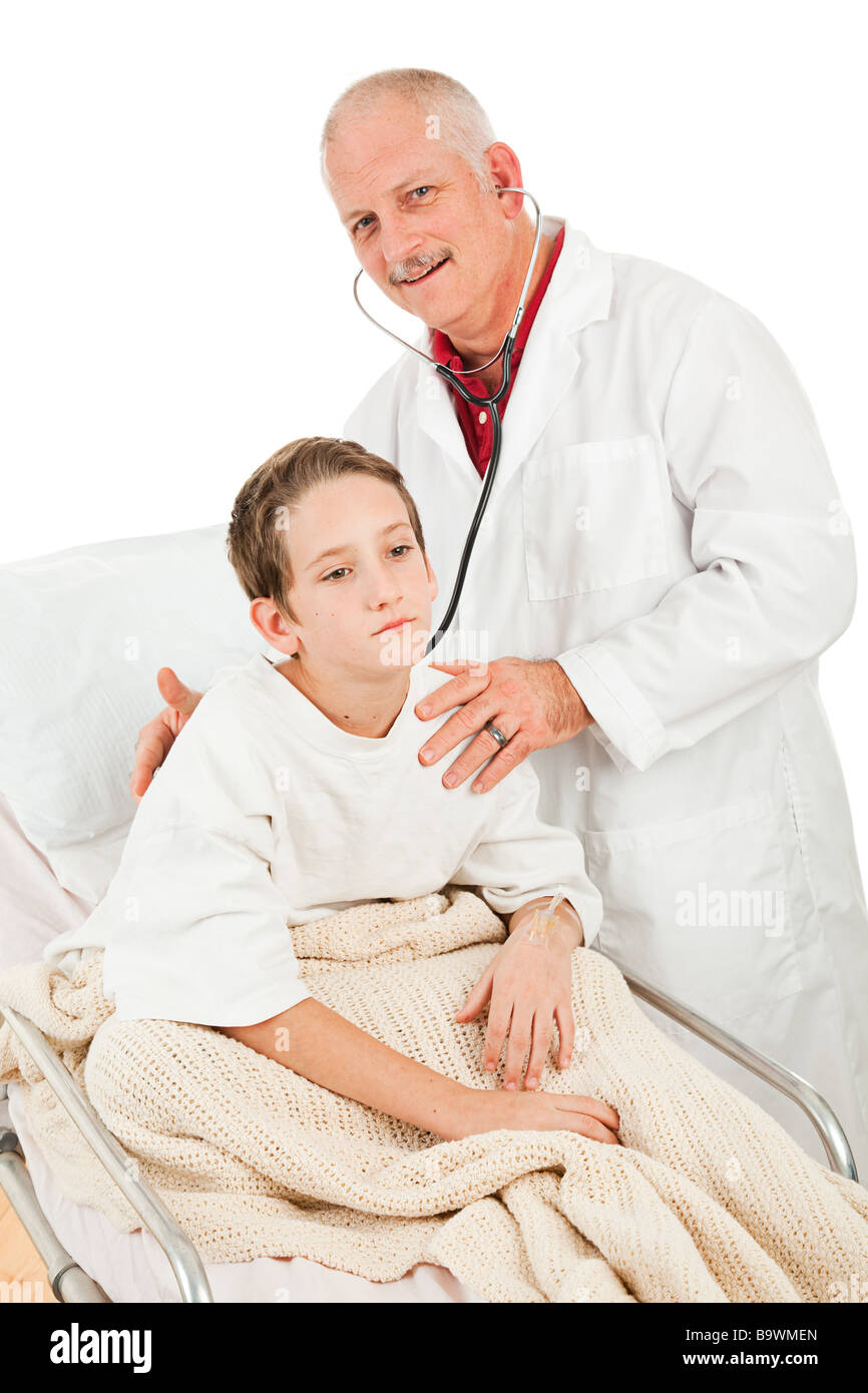 Little boy in the hospital being examined by his friendly doctor ...