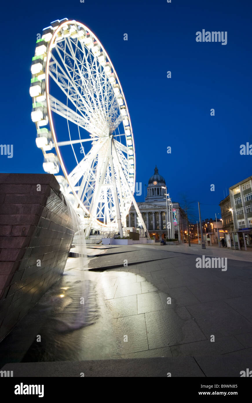 Nottingham city centre, with the Nottingham eye against the night sky ...