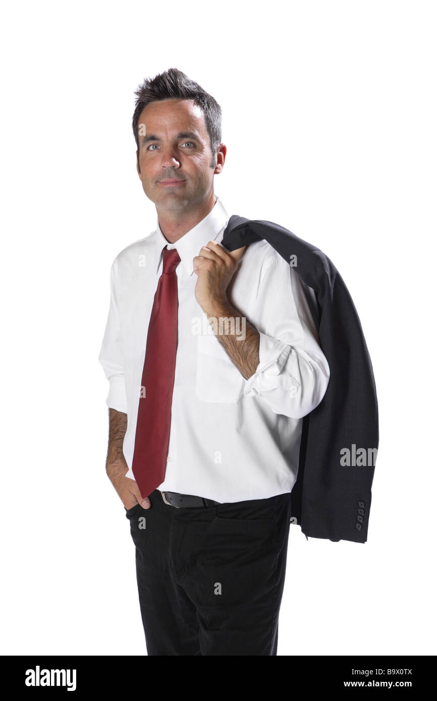 Businessman with jacket over shoulder isolated on white Stock Photo - Alamy
