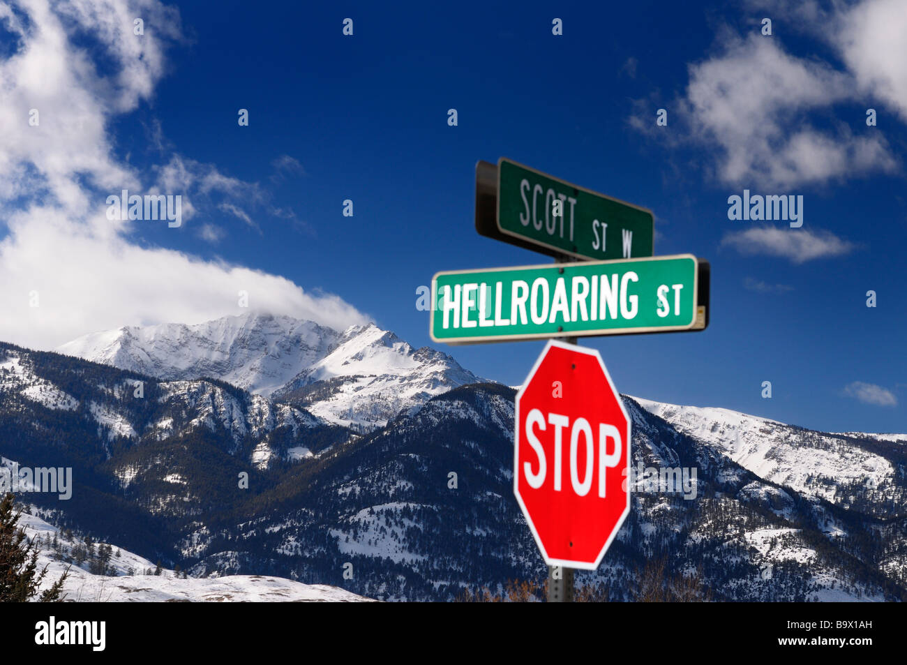 Stop sign and street sign for Hellroaring Street in Gardiner Montana ...