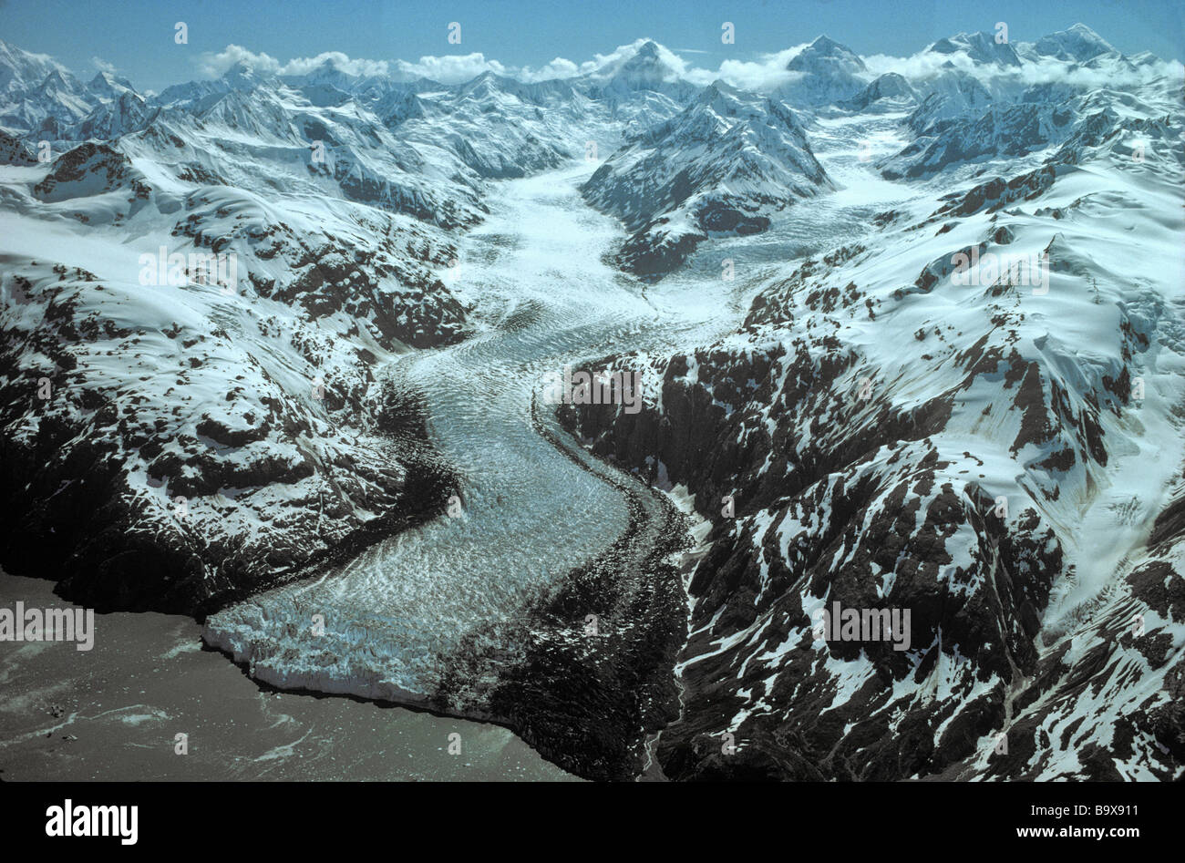 Aerial view Margerie Glacier glacier flowing from Fairweather Mountains ...