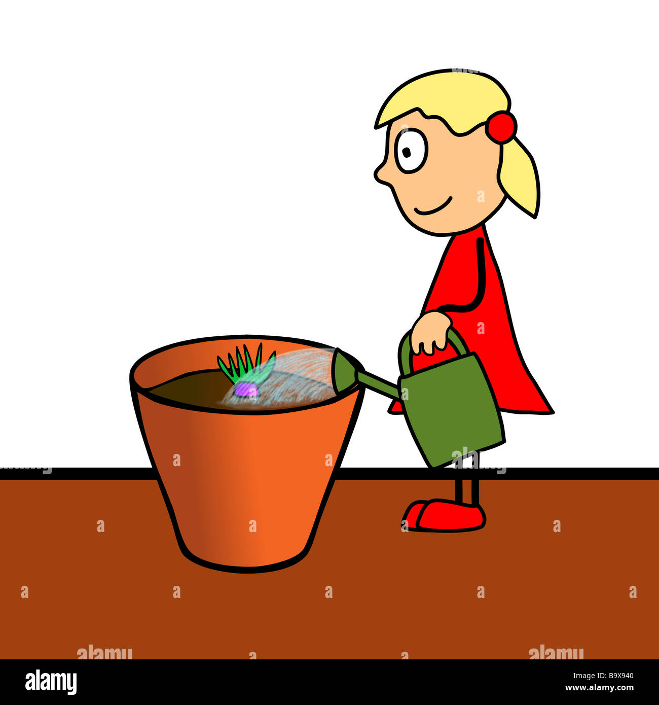 Hand drawn - cartoon drawing - adorable little girl cultivating flower ...