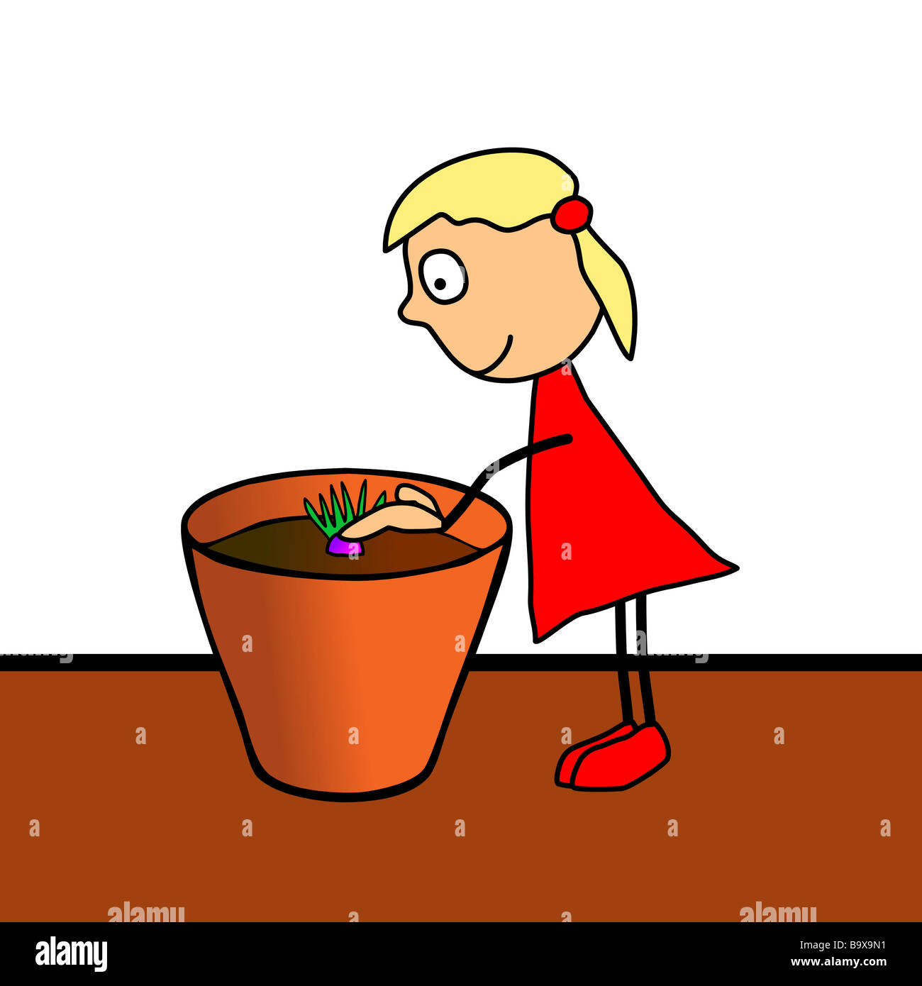 Hand drawn - cartoon drawing - sweet little girl cultivating flower ...