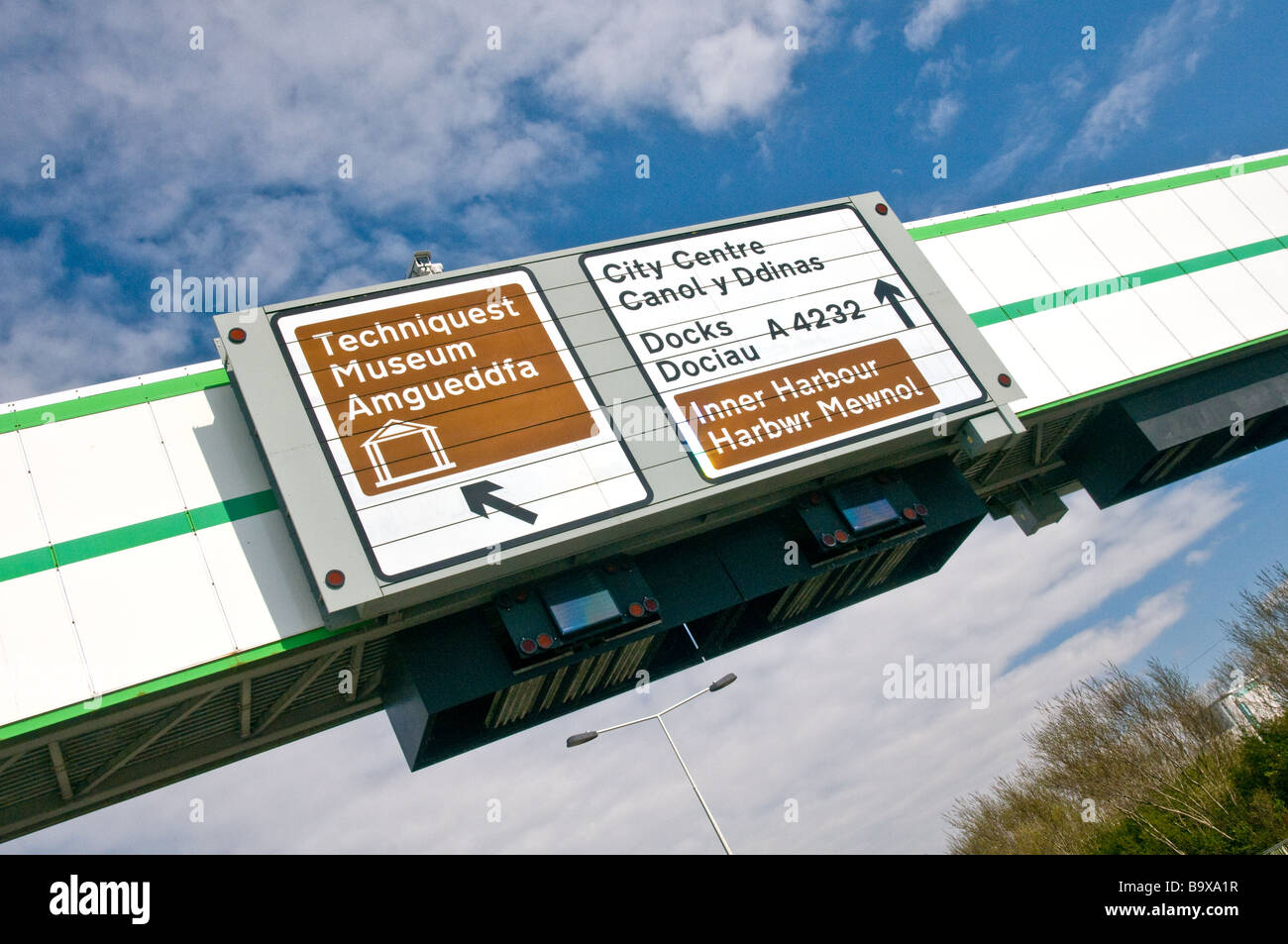 The Gantry and Road Signs over the Cardiff Bay Bridge Cardiff Wales at ...