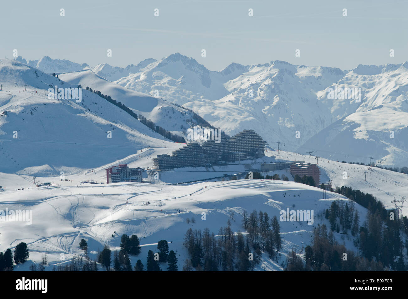 Panoramic view of Aime 2000 ski resort buildings at La Plagne in the ...