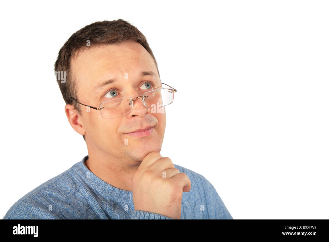 thinking man in glasses look up Stock Photo - Alamy