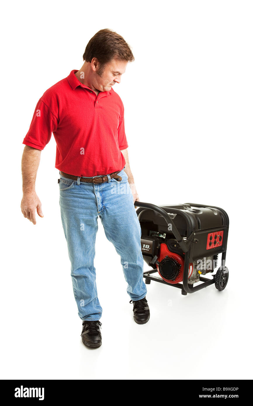 Man pulling a portable electric generator behind him Full body isolated ...