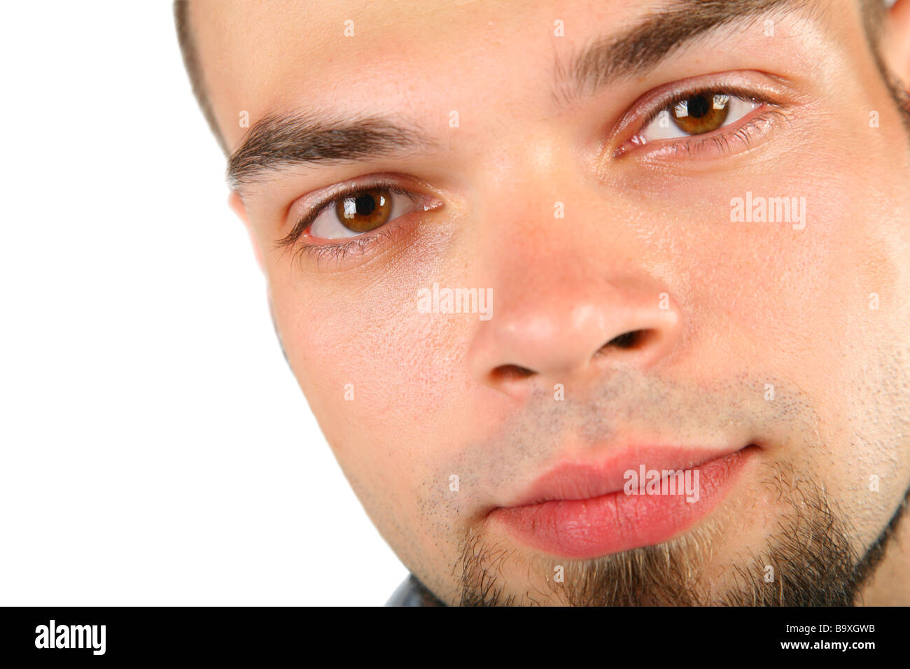 Young man with beard isolated on white background, macro Stock Photo ...