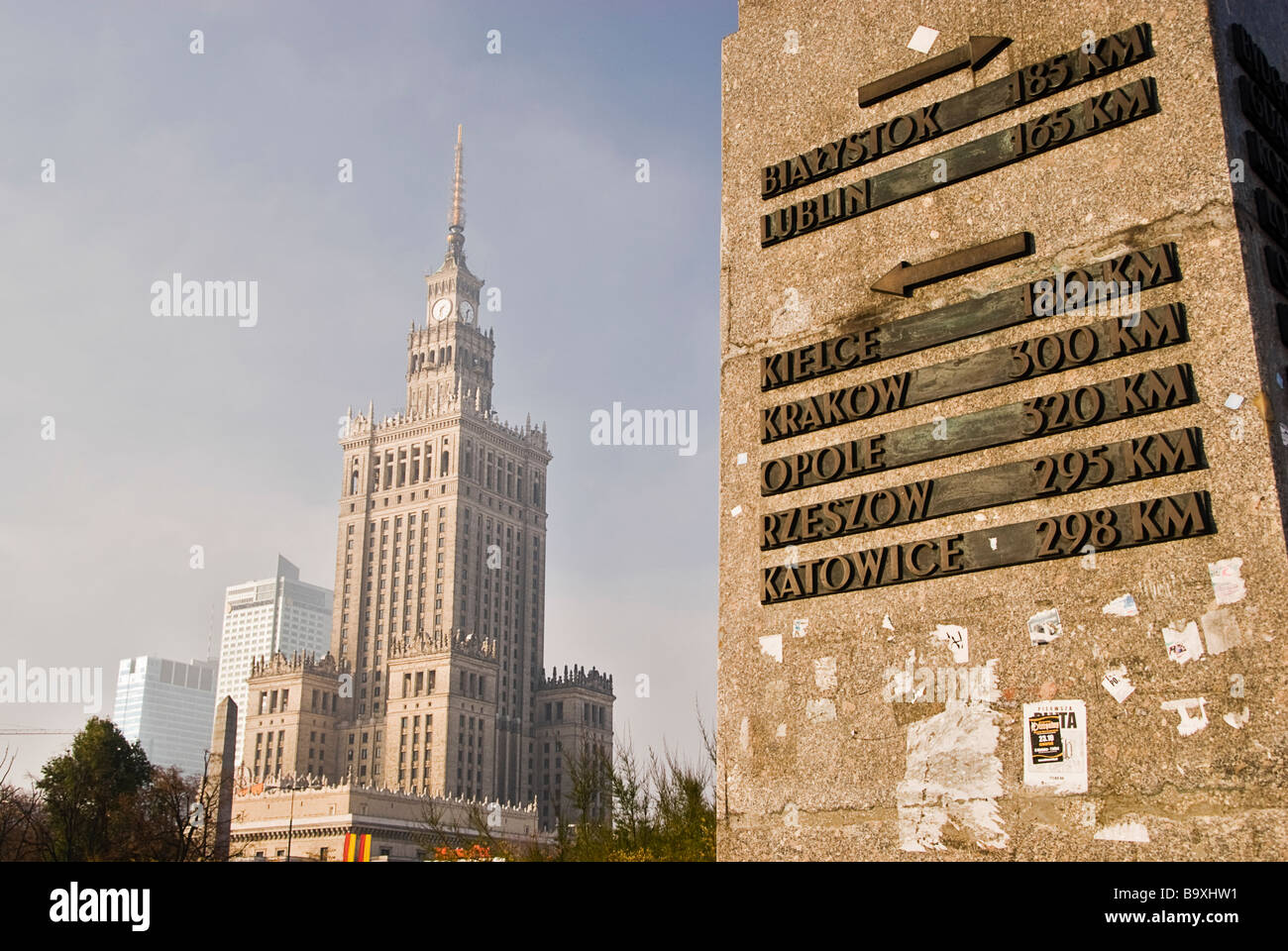 Streets of Warsaw with the communist Palac Kultury i Nauki building and ...