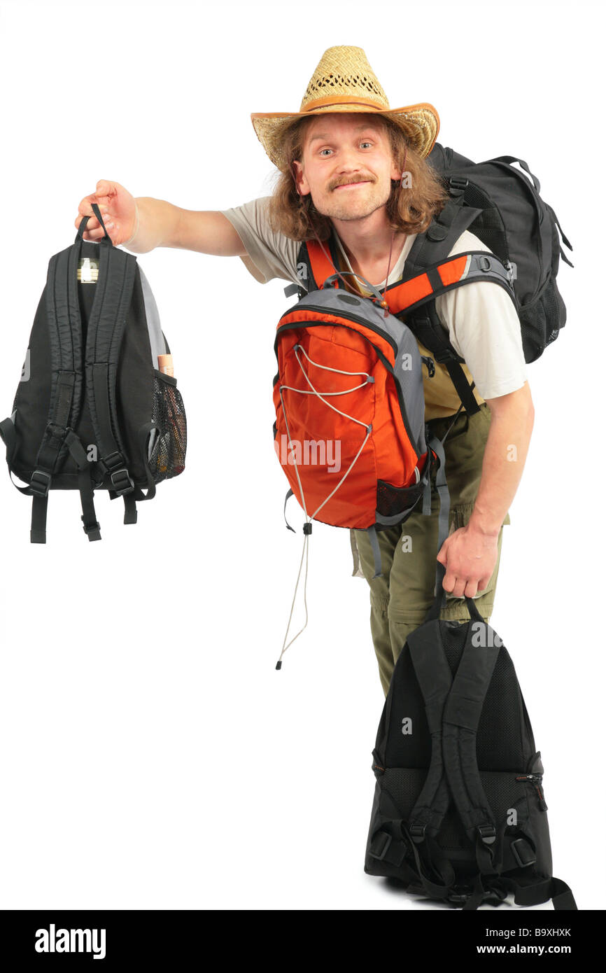 Man with backpacks in straw hat Stock Photo - Alamy