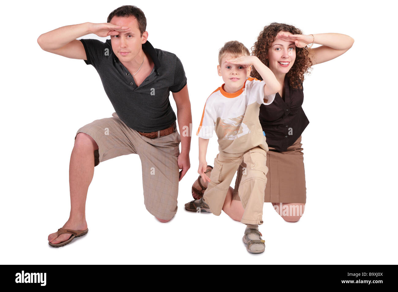 father, son and mother look out for something Stock Photo - Alamy