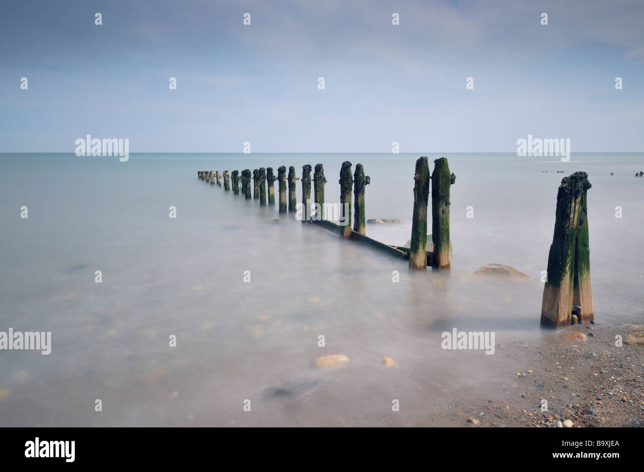 Eroded groynes on the beach at Sandsend near Whitby, Yorkshire, UK ...