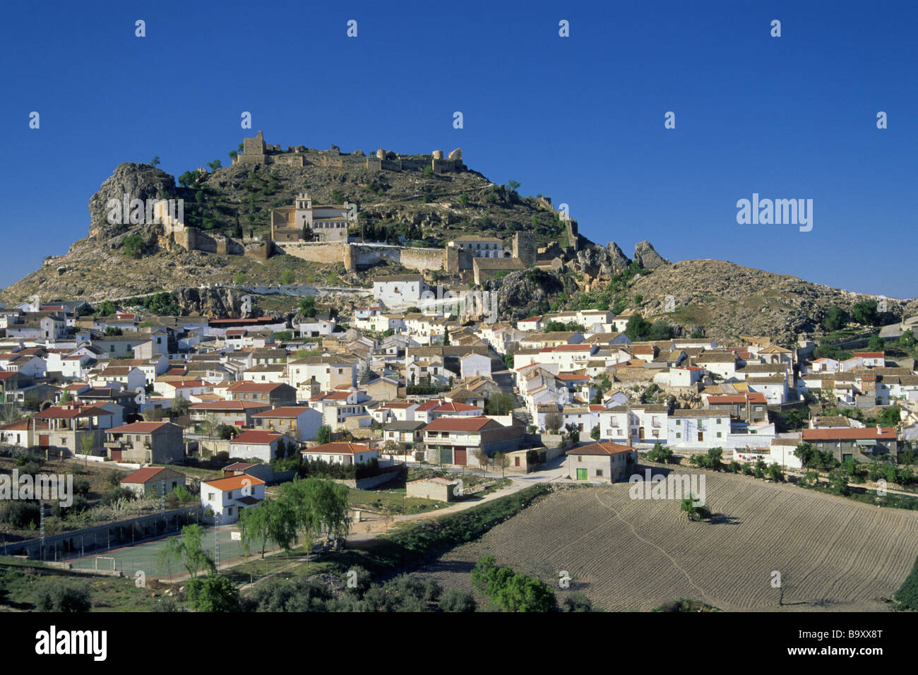 Moorish fortress La Mota over town of Moclin Andalusia Granada Province ...