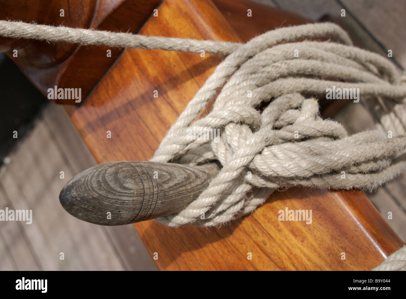 Belaying pin and rope onboard the Earl of Pembroke tall ship, Plymouth ...