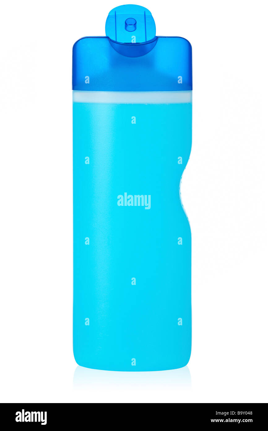 Opened plastic bottle with soap or shampoo without label reflected on ...